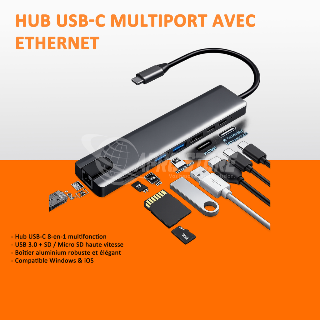 Adaptateur USB-C Multiport 8-en-1 avec RJ45 Ethernet – Kevajo
